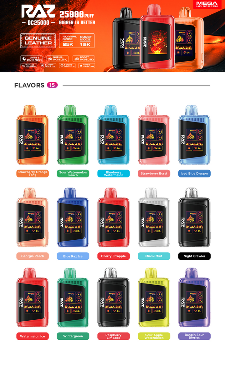 RAZ DC25000 5% DISPOSABLE NORM. MODE 25K & BOOST. MODE 15K PUFFS ...